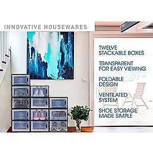 INNOVATIVE HOUSEWARES Shoe Organizer Plastic Storage Bins Clear Stackable Shoe Boxes Shoe and Sneaker Storage Pack of 12 (Transparent Black)