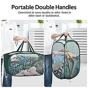 OTraki 2 Pack 70L Mesh Laundry Hampers with Long Handles Pop Up Clothes Basket for Laundry Collapsible Hamper with Large Side Pocket for Socks Detergent Hangers Easy to Carry in Home Hotel Green