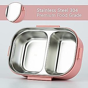 Lille Home 28oz Stainless Steel Leakproof 2-Compartment Bento Lunch Box/Portion Control Food Container with Lunch Bag and Cutlery Set, BPA Free (pink)