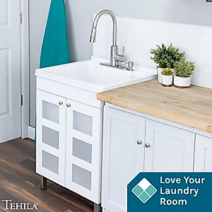 Utility Sink with White Vanity Cabinet by JS Jackson Supplies, Stainless High-Arc Pull-Down Sprayer Faucet, Soap Dispenser and Spacious Vanity for Laundry Room