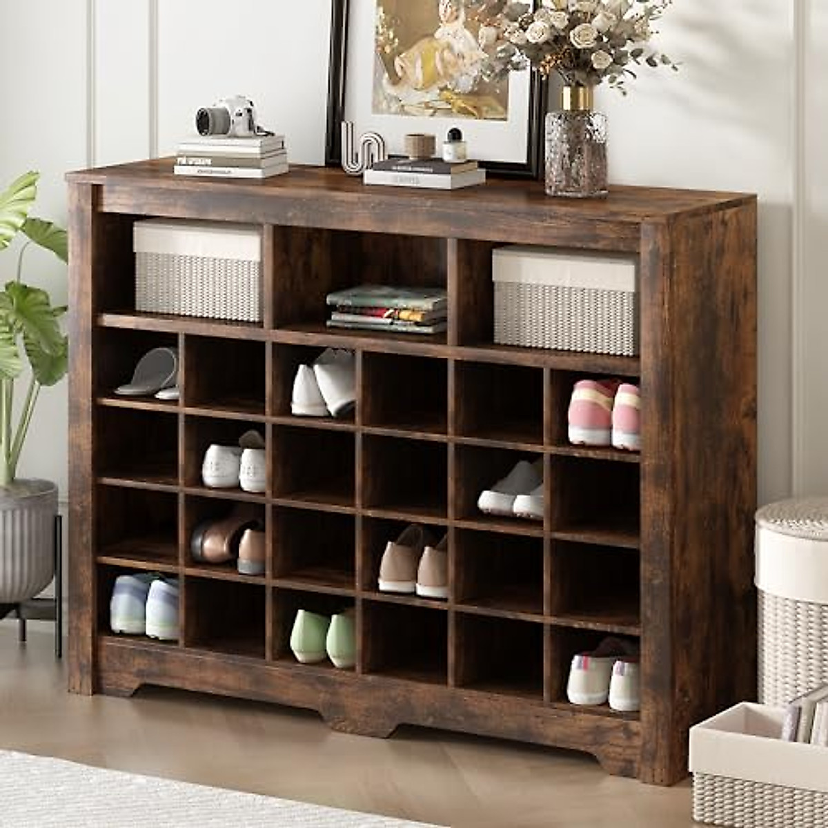 HICOMILA Shoe Cabinet,Sleek Design 24 Shoe Cubby Console, Modern Shoe Cabinet with Curved Base, Versatile Sideboard for Hallway, Bedroom, Living Room, Rustic Brown