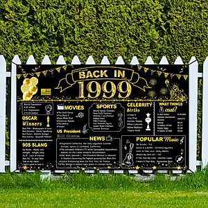 DARUNAXY 25th Birthday Black Gold Party Decoration, Back in 1999 Banner 25 Year Old Birthday Party Poster Supplies Vintage 1999 Backdrop Photography Background for Men & Women 25th Class Reunion Decor
