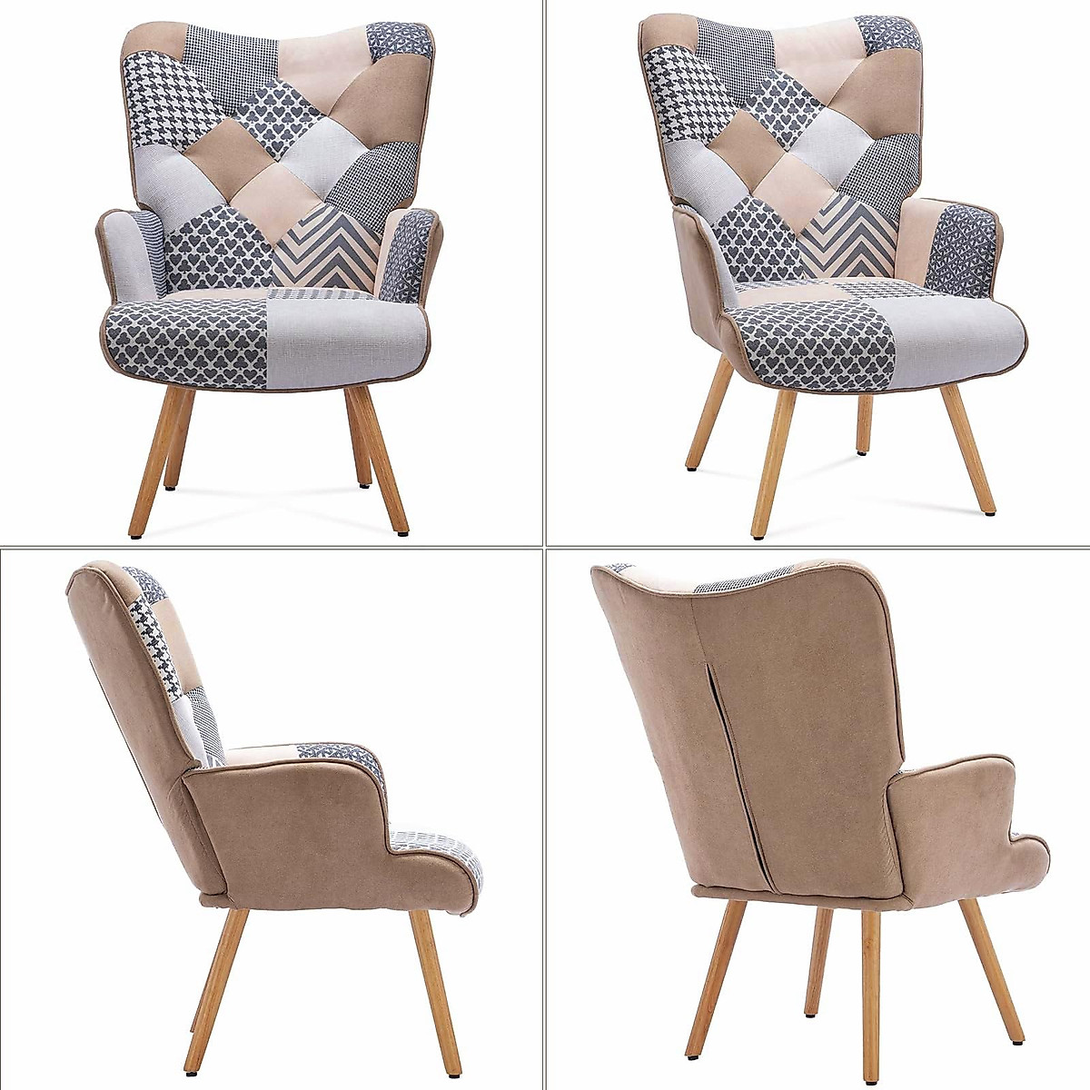 Bafode Accent Chair, Arm Chair for Living Room, Reading Chairs with High Back and Solid Wood Legs, Comfy Chairs for Bedroom, Boho Decor Patchwork Lounge Chair for Office or Balcony(Grey)