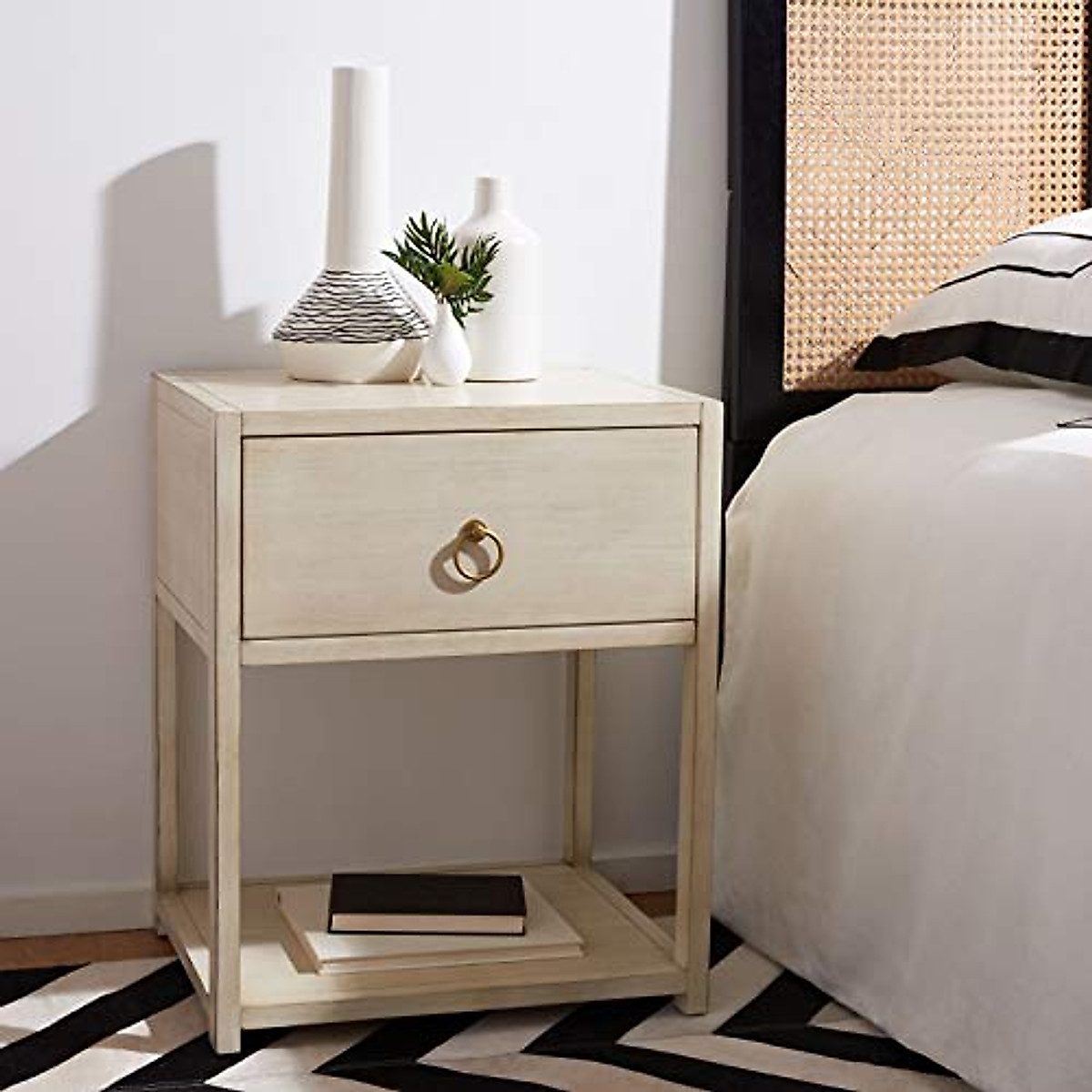 Safavieh Home Collection Yudi Antique White and Gold 1-Drawer Nightstand