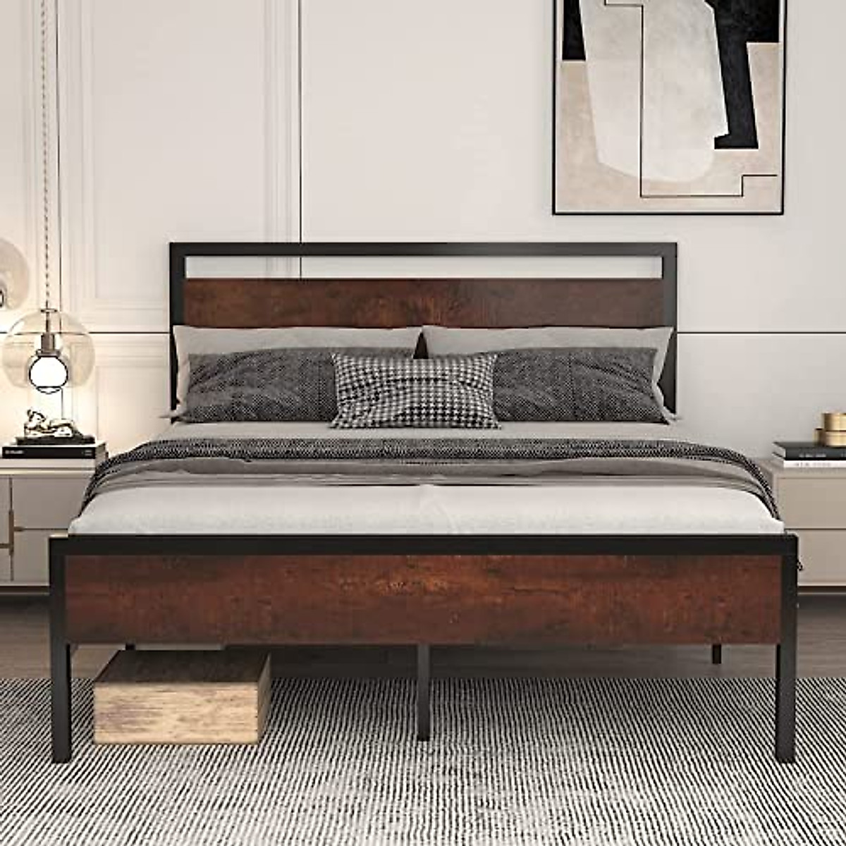 Allewie Full Size Platform Bed Frame with Wooden Headboard and Footboard, Heavy Duty 12 Metal Slats Support, No Box Spring Needed, Under Bed Storage, Non-Slip, Noise Free, Easy Assembly, Mahogany