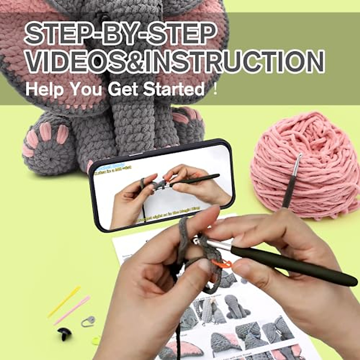 CODGP Crochet Kit for Beginners,13in Crochet Animal Kit Elephant,Crochet Starter Kit Gift for Adults Kids with Yarn Sets,Amigurumi Crochet Kits with Step-by-Step Video Tutorials