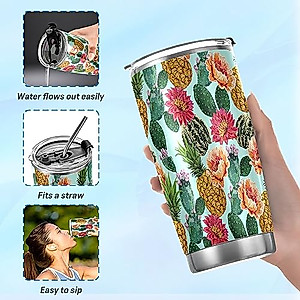 Jihqo Tropical Flower & Pineapple Tumbler with Lid and Straw, Insulated Stainless Steel Tumbler Cup, Double Walled Travel Coffee Mug Thermal Vacuum Cups for Hot & Cold Drinks 12oz