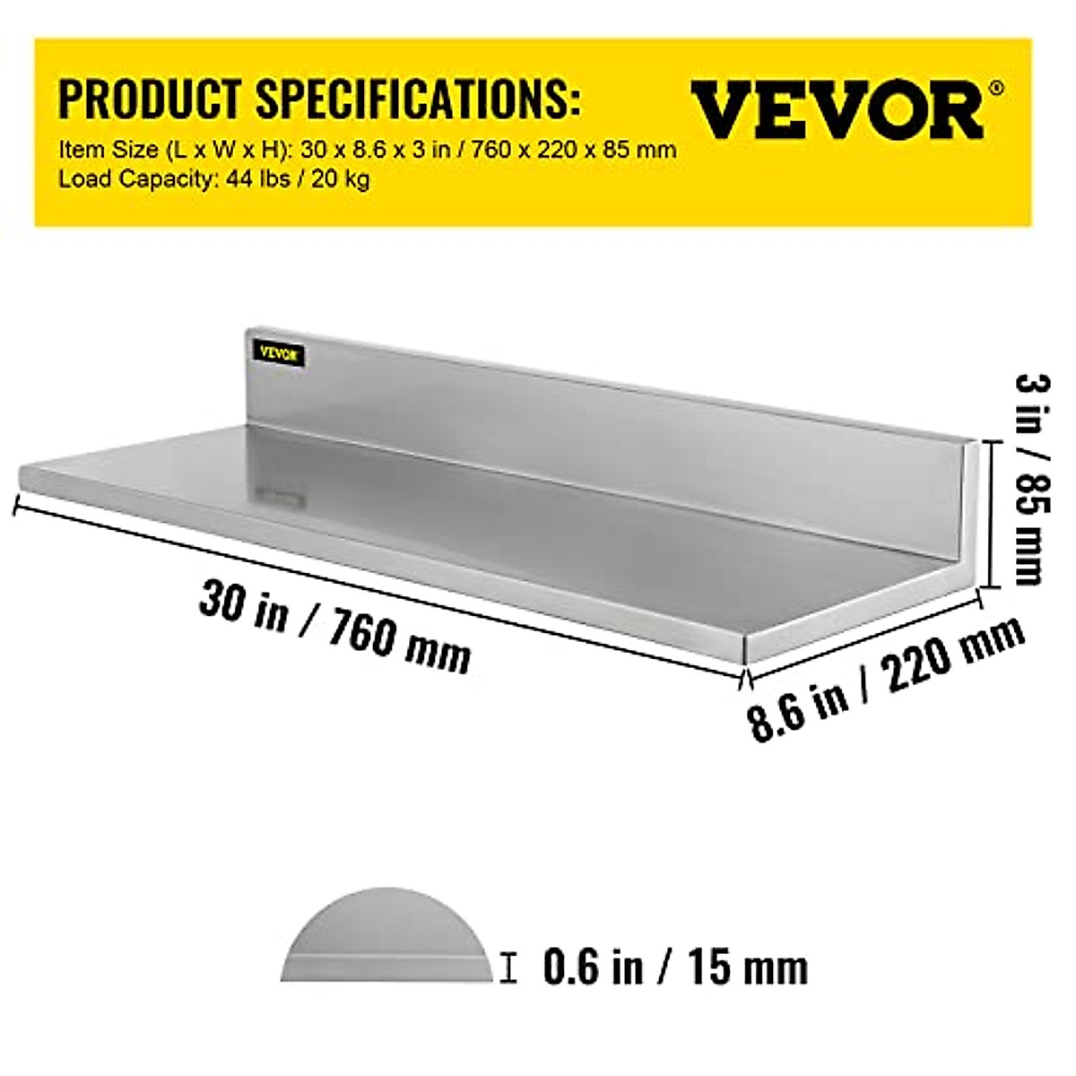 VEVOR Stainless Steel Wall Shelf, 8.6'' x 30'', 44 lbs Load Heavy Duty Commercial Wall Mount Shelving w/Backsplash for Restaurant, Home, Kitchen, Hotel, Laundry Room, Bar (1 Pack)