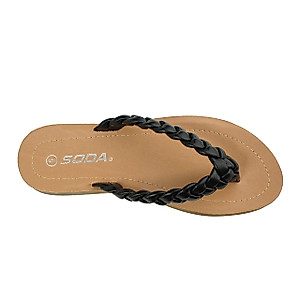 Soda STILL ~ Women Casual Comfort Braided Flip Flops Flat Fashion Thong Sandal (10, BLACK PU, numeric_10)
