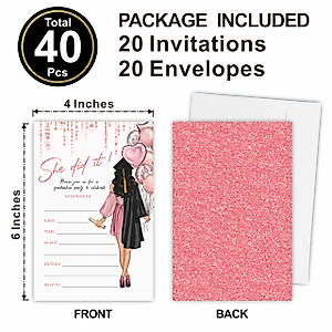 Tabyon Graduation Invitation Cards - Pink Balloons & Grad Girl She Did It - 20 Invites With Envelopes, High School, College, University,Party Favor, Decorations & Supplies-02