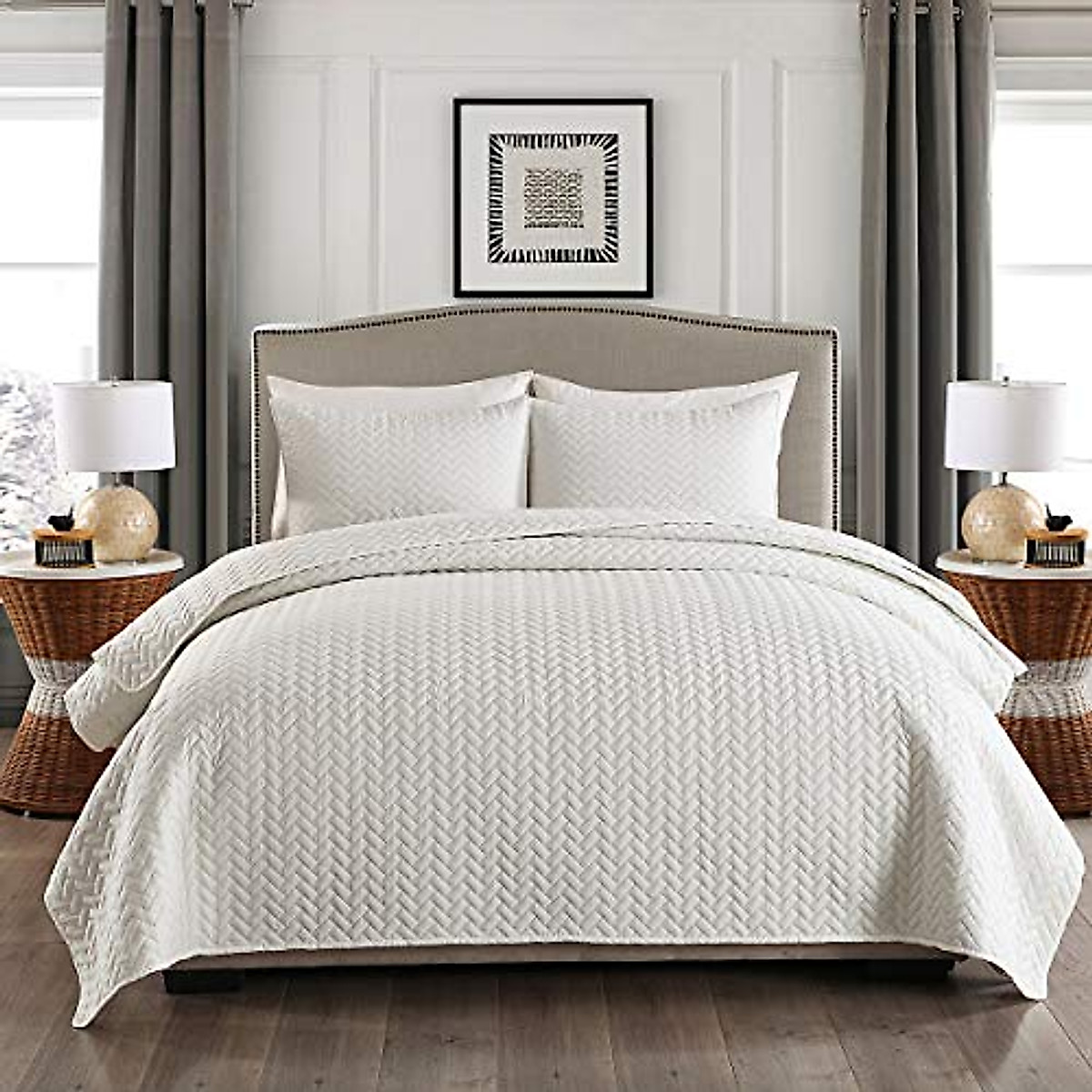 MERRY HOME Queen Size Quilt, 3-Piece Solid Quilts for All Season, Soft White Quilt Queen Bedding Cover Bedspread Set