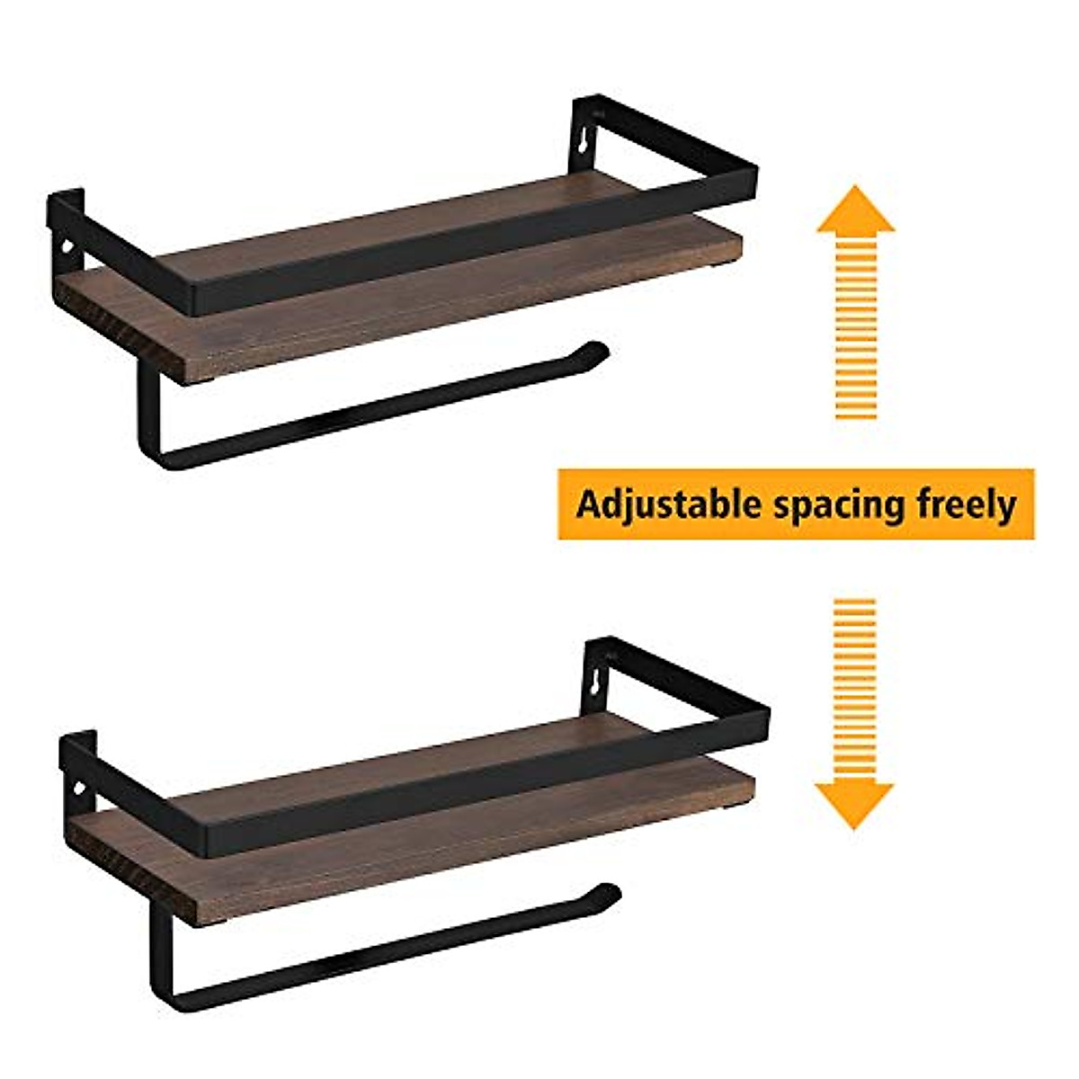 BESy Floating Shelves Wall Mounted Storage Shelves with Towel Rack Rails Bar, Paper Towel Holder with Shelf for Kitchen, Bathroom Tissue Roll Hanger, Matte Black Metal Frame, Set of 2 Brown