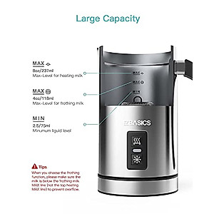 EZBASICS 236ml Stainless Steel Electric Milk Frother for Frothing and Heating Milk