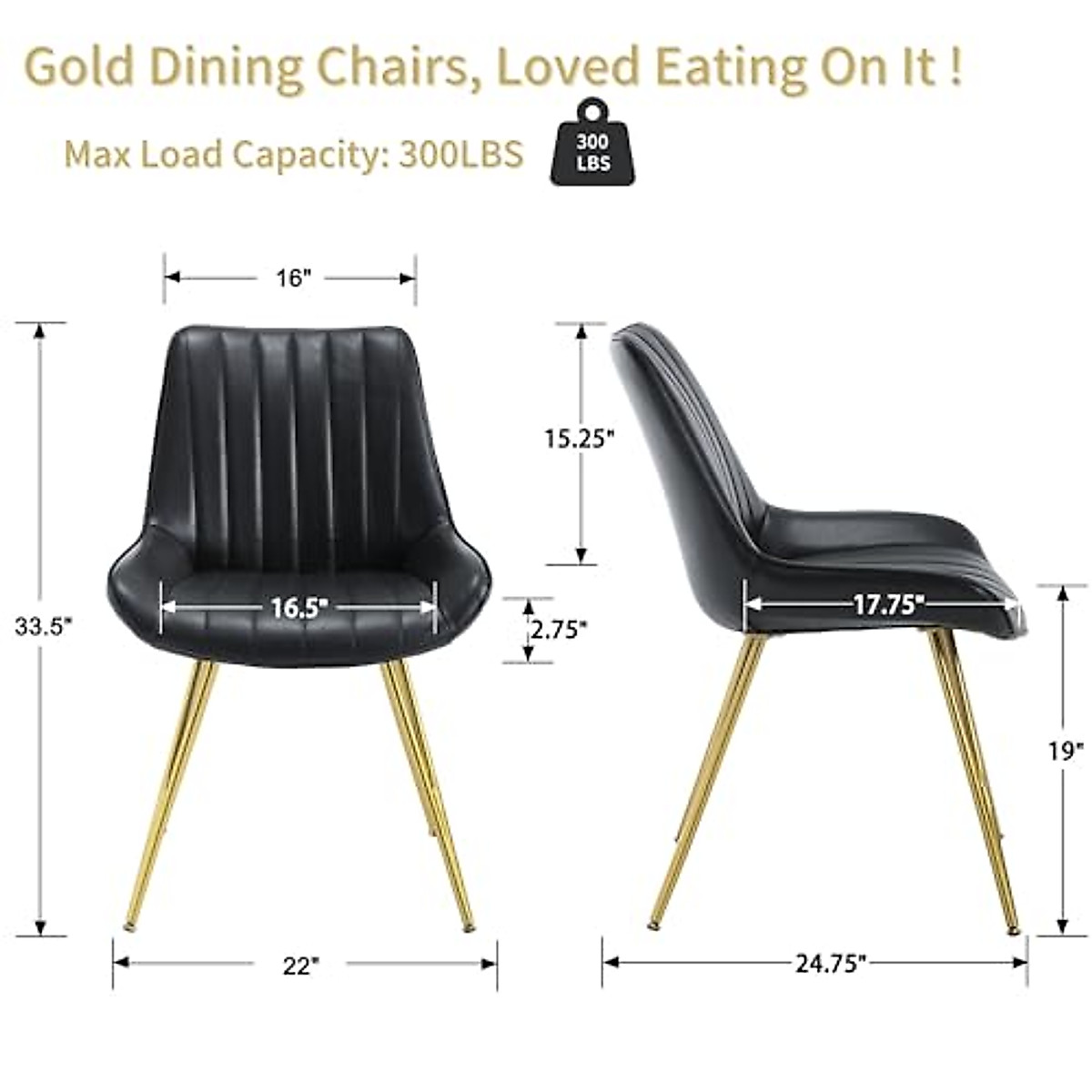 Shunzhi Mid-Century Modern Dining Chairs Set of 2 Black Leather Kitchen & Dining Room with Gold Legs Upholstered Kitchen Chairs Gold Accent Chairs Comfy Side Chairs with Back for Dining Living Room