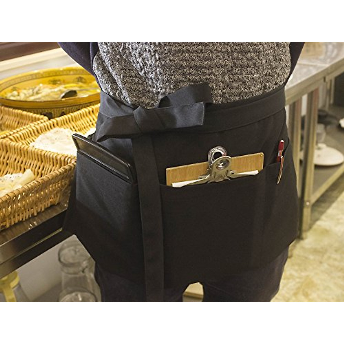 SEW UR LIFE (2 Set Resist Water 3 Big Pockets Waist Server Apron Kitchen Restaurant Bistro Cafe Bar Pub Cake Shop Bakery Unisex Half Aprons for Chef, Baker, Servers, Waitress, Waiter(Black)