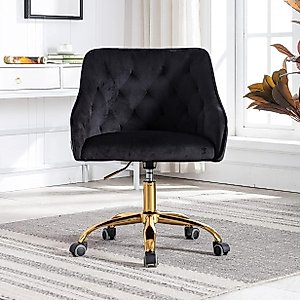 Kootlena Modern Black Velvet Desk Chair, Home Office Desk Chair Computer Chair on Wheels, Cute Vanity Chair for Womens Girls, Upholstered Swivel Task Chair w/Gold Base for Living Room Bedroom