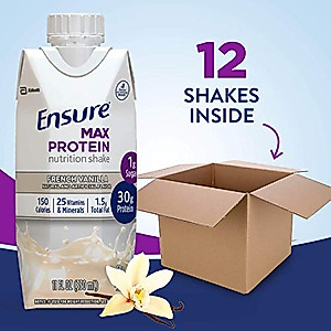 Ensure Max Protein Nutrition Shake with 30g of Protein, 1g of Sugar, High Protein Shake, French Vanilla, 11 fl oz (Pack of 12)