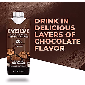 Evolve Plant Based Protein Shake, Double Chocolate, 20g Vegan Protein, Dairy Free, No Artificial Sweeteners, Non-GMO, 10g Fiber, 11oz, (4 Pack)