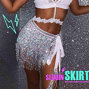 Zoestar Sequin Belly Dance Skirt Tassel Hip Scarf Multilayer Dance Belt Costume Performance Party Skirt Wrap for Women and Girls (Silver)