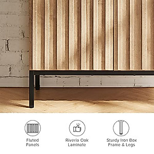 mopio Norwin Storage Cabinet, Modern Industrial Farmhouse Entryway Accent Buffet Cabinet, Sideboard, with Metal Legs, Storage Shelves, Fluted Panel Doors, & Leveler, for Living Room, Bedroom, Oak