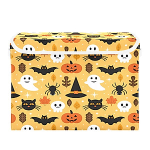 Storage Bins with Lids and Handles, Halloween Seamless Pattern Design with Ghost Skull Pumpkin and Cat Storage Box Storage Basket with Cover Collapsible Organizer Containers for Home
