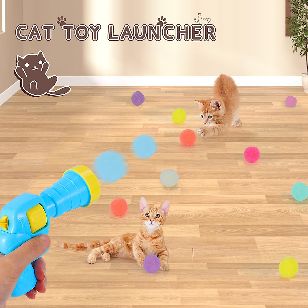 Splarwbk 1 Cat Ball Launcher + 80Pcs 1.2’’Cat Toy Balls(New Upgraded),Silent Plush Elastic Cat Ball Toy,Interactive Cat Toys for Indoor Cats Kitten Toys,Plush Ball Shoot Gun for Kitty