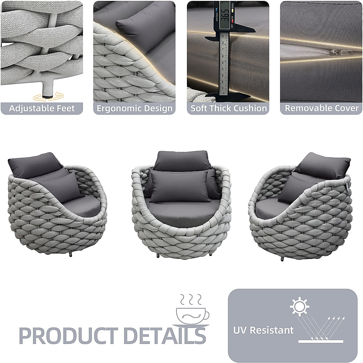 TWT Outdoor Patio Furniture, All-Weather Polyester Rope Balcony Furniture with Cushions & Pillows, Patio Couch Outdoor Patio Furniture Set for Patio, Balcony, Backyard, Deck, Poolside, Grey