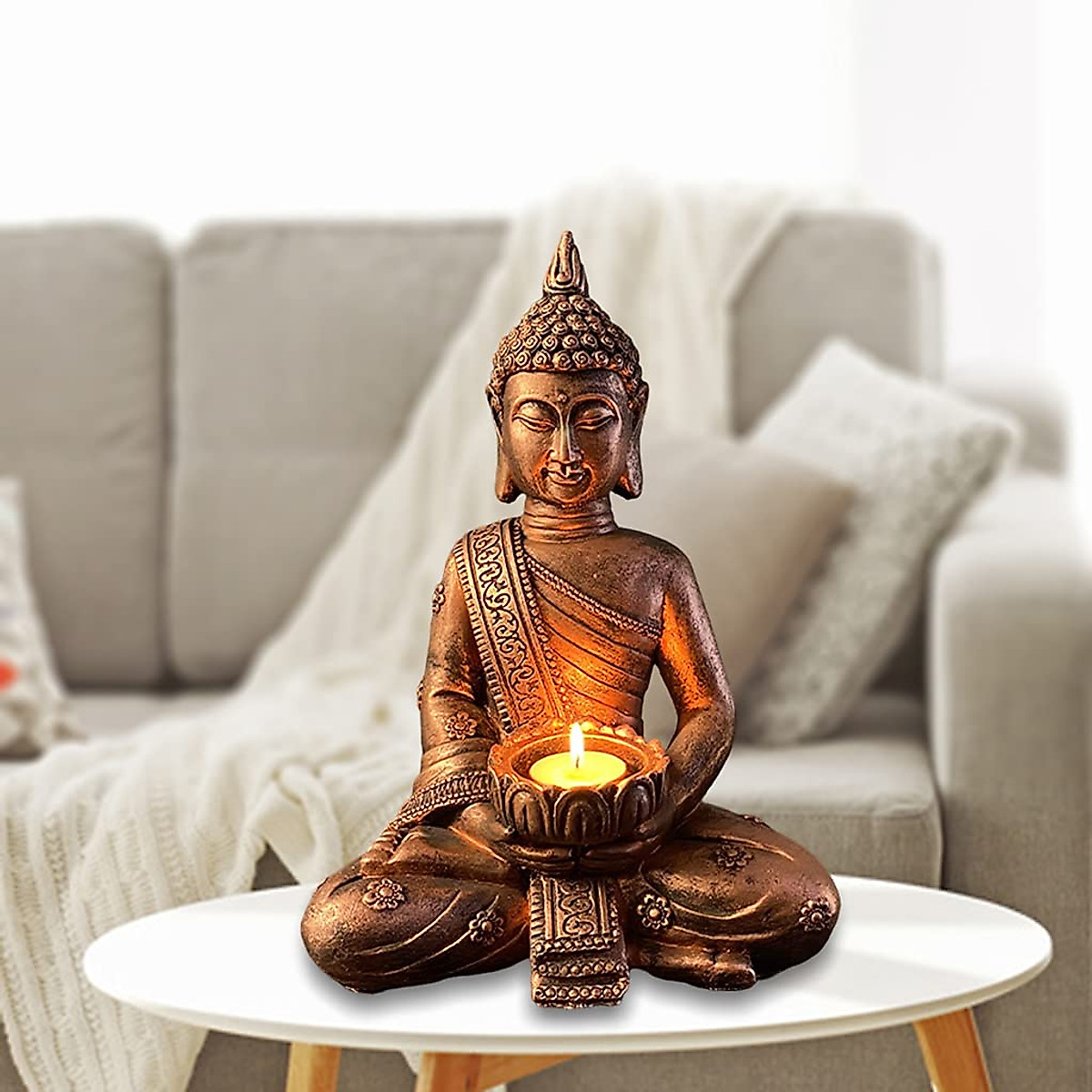 Fenteer Buddha Statue Home Decor Resin Tealight Holder Buddha Figures Room Decor Buddha Candle Holder Garden Sculpture - B