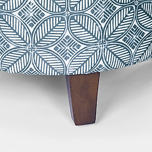HomePop Upholstered Round Storage Ottoman Home Décor|Upholstered Round Foot Rest Ottoman -Blue Indigo Print Large