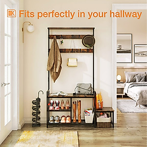 ODK Parent-Child Hall Tree with Bench and Shoe Storage, Entryway Rack with Metal Frame and Hooks, for Entrance, Foyer, Mudroom (Rustic Brown)