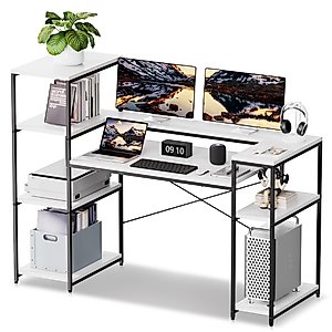 HYPIGO White Computer Desk with Printer Shelf, 63 Inch Industrial Office Desk with Storage Shelves, Writing Workstation with Bookshelf, Study Table for Home Office