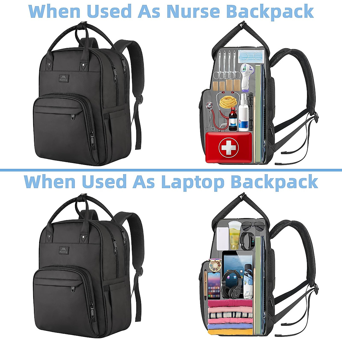 Nurse Backpack for Women, Water Resistant School Laptop Bookbag with Removable Organizer Nurse Student Gifts, Durable Medical Clinical College Computer Bag for Travel, Work, Home Visits, Black