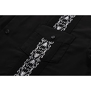 Men's Guayabera Shirts Short Sleeve Casual Snap Shirts(Black XL)