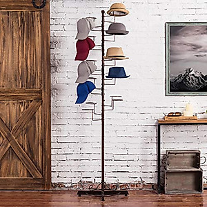 MyGift Modern Large Freestanding Hat Rack Stand, Dark Brown Metal Retail Wig or Hat Display Stand with 20 Customizable Circular Hooks