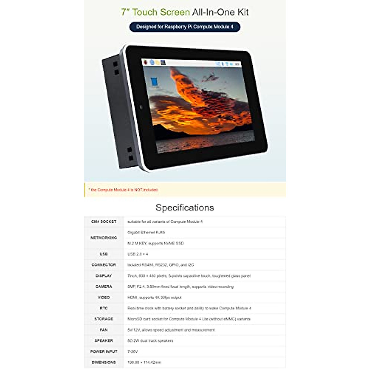 Waveshare 7inch Touch Screen All-in-One Kit Designed for Raspberry Pi CM4 with 5MP Camera Aluminum Case Includes CSI, HDMI, USB, M.2, ETH, RS232, RS485 Interfaces