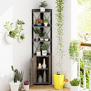 Tangkula Tall Corner Storage Cabinet, 71” Industrial 6 Tier Storage Shelf w/Door Cabinet, Corner Bookshelf Plant Stand, X-Shaped Metal Frame Standing Cabinet for Living Room, Small Spaces (Grey)