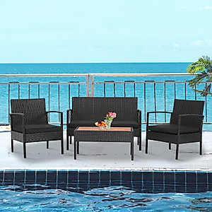 Tangkula 4 Piece Patio Rattan Conversation Set, Outdoor Wicker Sofa Furniture Set W/Loveseat & 2 Single Chairs, Acacia Wood Tabletop, Outside Sectional Set for Poolside, Deck, Garden (1, Black)