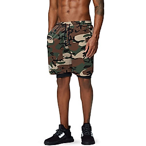Pinkbomb Men's 2 in 1 Running Shorts Gym Workout Quick Dry Mens Shorts with Phone Pocket (Green Camo, XX-Large)