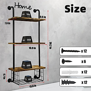 GILPWA 3-Tier Bathroom Shelves, Wall Mounted Floating Shelves with Basket, Easy Assemble Industrial Pipe Shelving, Anti-Rust Wall Shelves for Barhroom Living Room, Kitchen, Bedroom, 44.5 * 16.9 inch