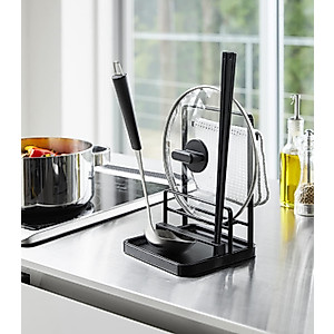Yamazaki Lid & Ladle Home Cooking Tool and Lid Station-Kitchen Utensil Organizer Stand | Steel | Stovetop, One Size, Black
