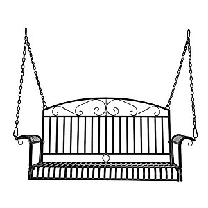 MTFY Front Hanging Porch Swing Bench,Outdoor Metal Hanging Iron Porch Swing Outdoor Patio Furniture Chair Bench Seat for 2 Person with Armrest,Black (Without Stand)