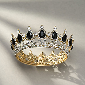 SWEETV Crystal Queen Crown for Women, Rhinestone Wedding Tiara Headband, Full Round Princess Crown Hair Accessories for Prom Birthday Costume Party,Champagne+Gold