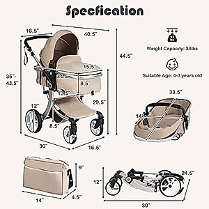 BABY JOY 2-in-1 High Landscape Baby Stroller, Reversible Bassinet Reclining Stroller, Foldable Push Chair w/Adjustable Canopy, Storage Bag, Foot Cover, Rain Cover & Net, Aluminum Alloy Frame (Beige)
