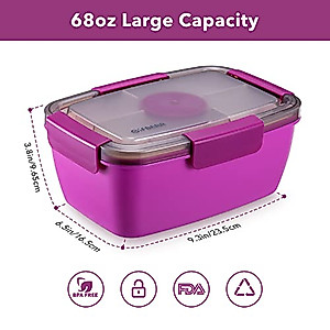 GiFBERA Large Salad Container for Lunch - 68 oz Salad Bowl with 5 Compartments Bento-Style Tray, 2 pieces Salad Dressing Containers To Go, Leak-Proof & BPA-Free (Purple)