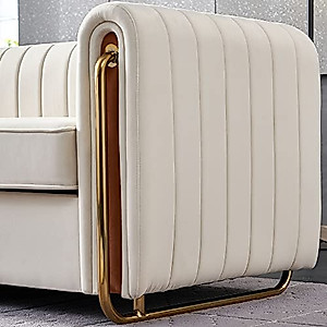 Contemporary Velvet Sofa Couch 84.25''W for Living Room - Modern Velvet Couch with Flared Arms and Removable Cushions, Living Room Furniture, Solid Wood Frame with Golden Legs - Beige