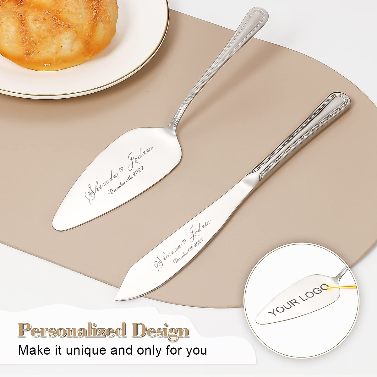 Cake Cutting Set for Wedding, Personalized Wedding Cake Knife and Server Set, Vintage Engraved 2-Piece Pie Cake Cutter Serving Set, Custom Bridal Anniversary Birthday Quinceañera Gift(Silver)