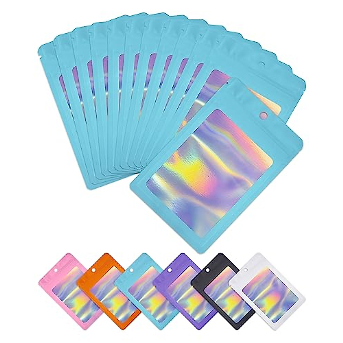 Holographic Bags Packaging Bags 300 PCS Blue Resealable Bags with Clear Window for Food Storage Small Business (Outer Size 3.54x5.31 Inch/Inner Size 3x4 Inch)