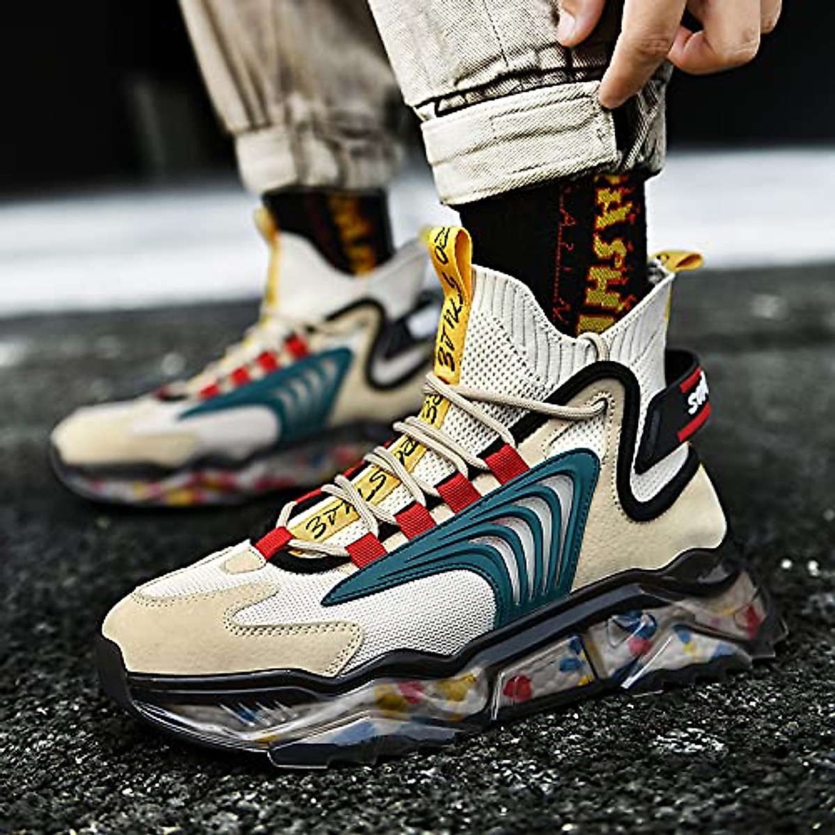 LZDZN Mens Basketball Shoes for Men Sneakers Men's High Top Running Trail Air Sports Athletic Male Walking Beige Size 9.5 Boys Women Man Boots