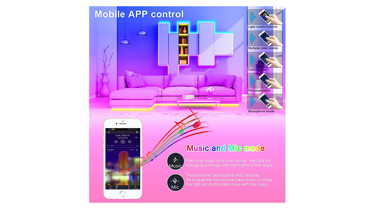 100FT Music Sync LED Strip Lights - Color Changing & Bluetooth