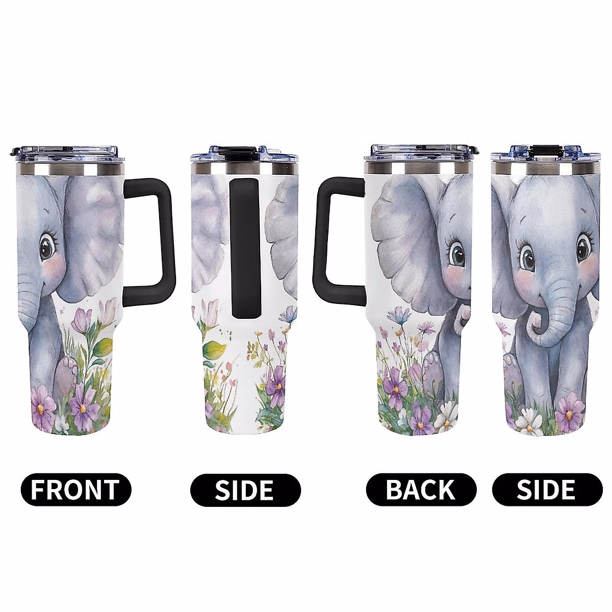 40 Oz Cute Baby Elephant Insulated Stainless Steel Tumbler with Handle & Straw Lid, Reusable Travel Cupholder Friendly Mug for Coffee, Water, Tea